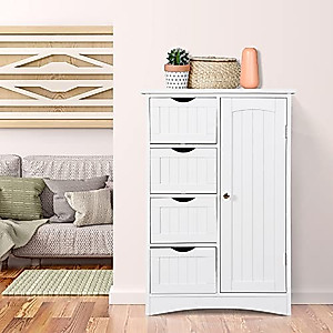 SUPER DEAL Freestanding Bathroom Floor Storage Cabinet with 4 Drawers and Adjustable Shelves, Living Room Entryway Home Furniture Storage Organizer Unit, White¡­