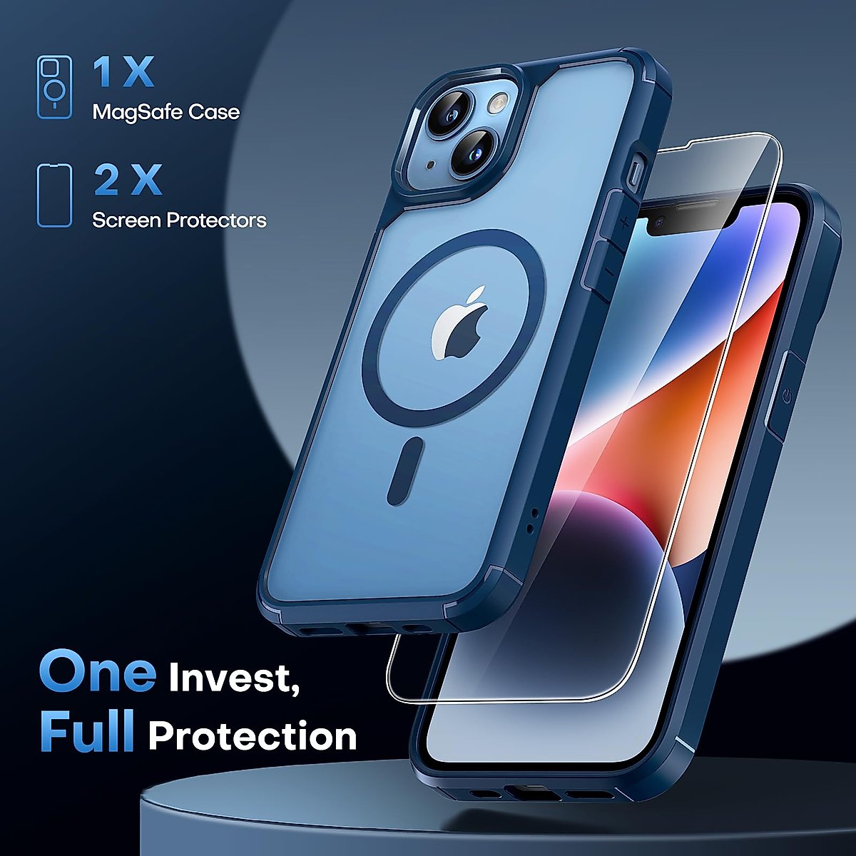 TAURI 3-in-1 Magnetic Designed for iPhone 13 for iPhone 14 Case, [Compatible with MagSafe] with 2 Screen Protector, Shockproof Phone Case for iPhone 13/14, Blue