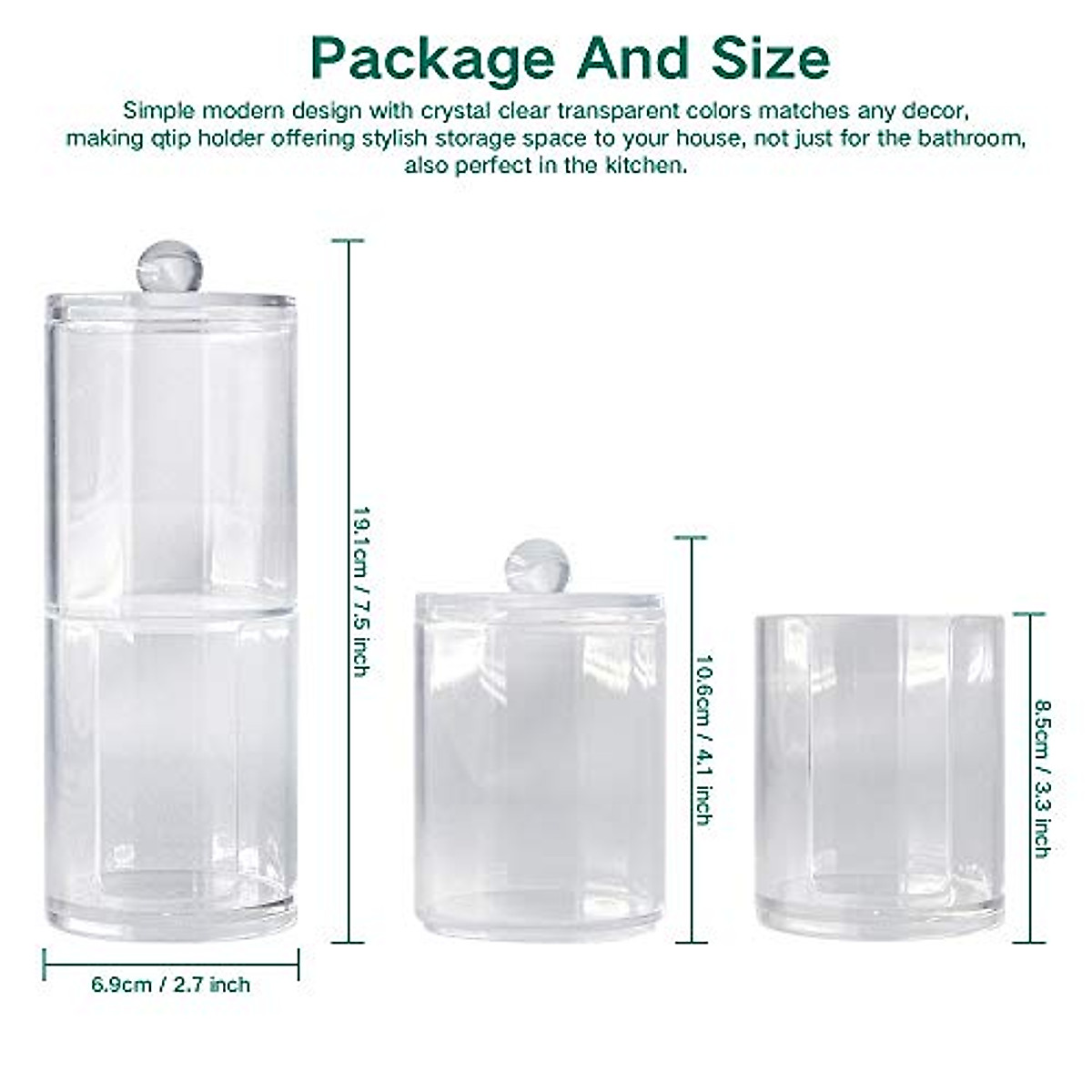 Bershaker Bathroom Organizer Canisters,Apothecary Jars Set,Holder with Lids,Cotton Pad Container,Plastic Acrylic Clear Vanity Dispenser for Cotton Ball,Cotton Swab,Cotton Rounds,Bath Salts,3 Pack