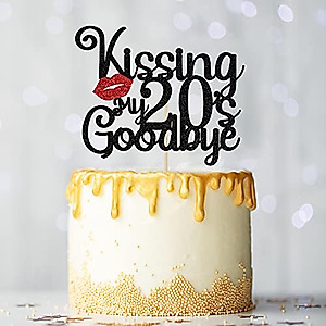 Glitter Kissing My 20's Goodbye Cake Topper, Rip Twenties Cake Decor, Happy 30th Birthday Party Decoration Supplies(Black and Red)