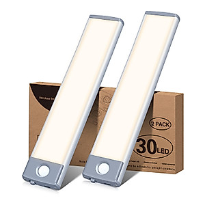 PRIORARE Motion Sensor Led Under Cabinet Lighting Wireless Cabinet Light Rechargeable, Closet Light 30Led Battery Operated for Kitchen, Closet (Warm White, 2Pack)