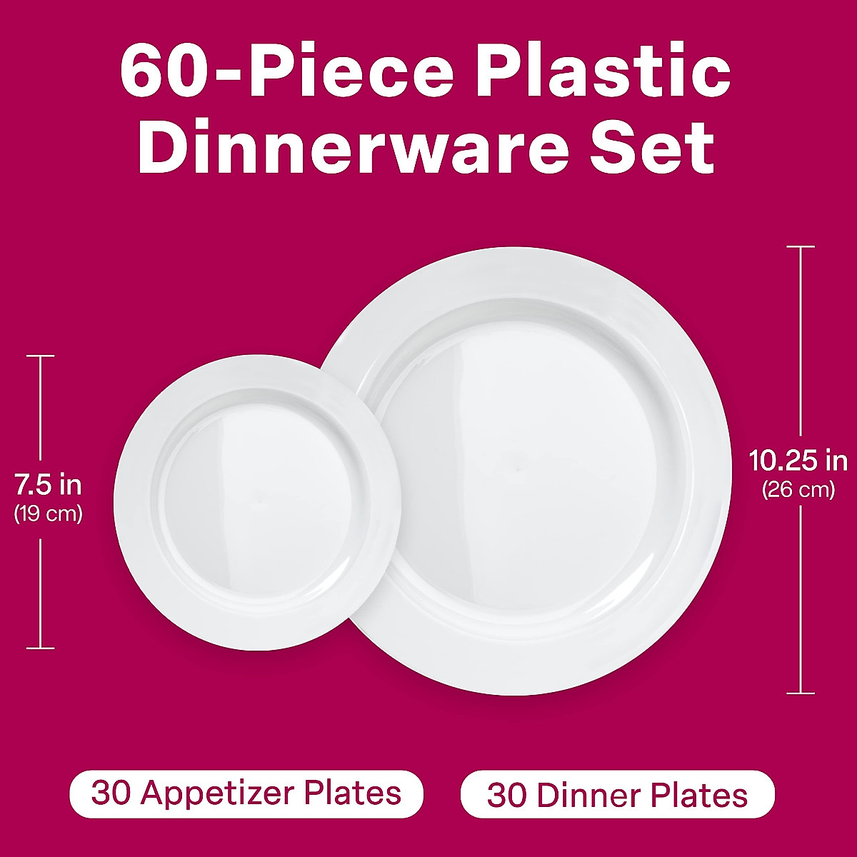 Aya's Cutlery Kingdom White Disposable Plates - Heavy Duty Plastic Plates for Party, Events, and Holidays - 30 Dinner Plates and 30 Salad Plates - Durable Square Plastic Dinnerware Set - Pack of 60