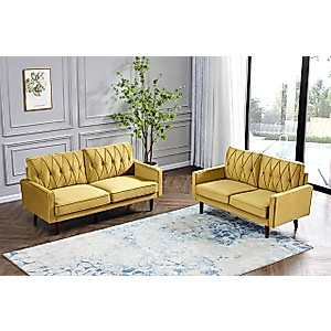 Container Furniture Modern Style Tufted Velvet Couch for Living Room with Soft Fabric Upholstery and Solid Wood Frame, 57.5'' Wide Loveseat, Yellow Green