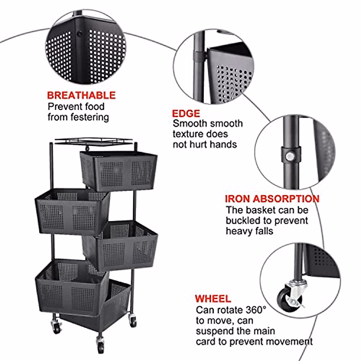 poplarbox Rotating Multi-Layer Kitchen Storage Shelf 360°Rotating Vegetable Rack Square Metal Baskets Black Storage Rack with Wheels Household Storage Baskets for Kitchen Living Room Bathroom