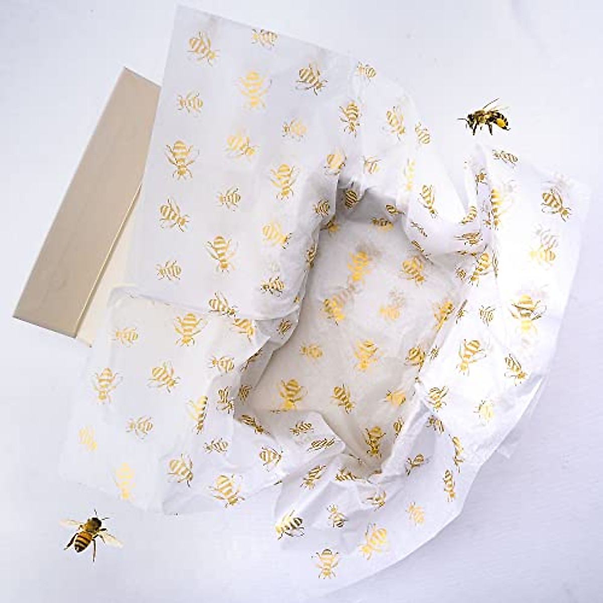 MR FIVE 90 Sheets White with Gold Bee Tissue Paper Bulk,20" x 14",Gold Bee Design Tissue Paper for Gift Bags,Gold Bee Gift Wrapping Tissue Paper for Bee Party