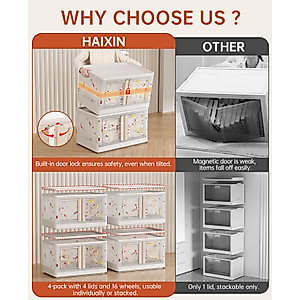 HAIXIN 400QT Stackable Storage Bins With Lids, Plastic Clear Storage Bins Collapsible Storage Drawers, 4 Pack Closet Organizers and Storage Containers with Doors and Wheels For Home, Office, Dorm