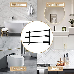 Stretchable 17-31 Inches 3-Tier Bath Towel Bar Bathroom Towel Rack Hooks Kitchen Hand Towel Holder Dish Cloths Hanger SUS304 Stainless Steel Wall Mounted No Drill Space Saving 3-Bar Matte Black
