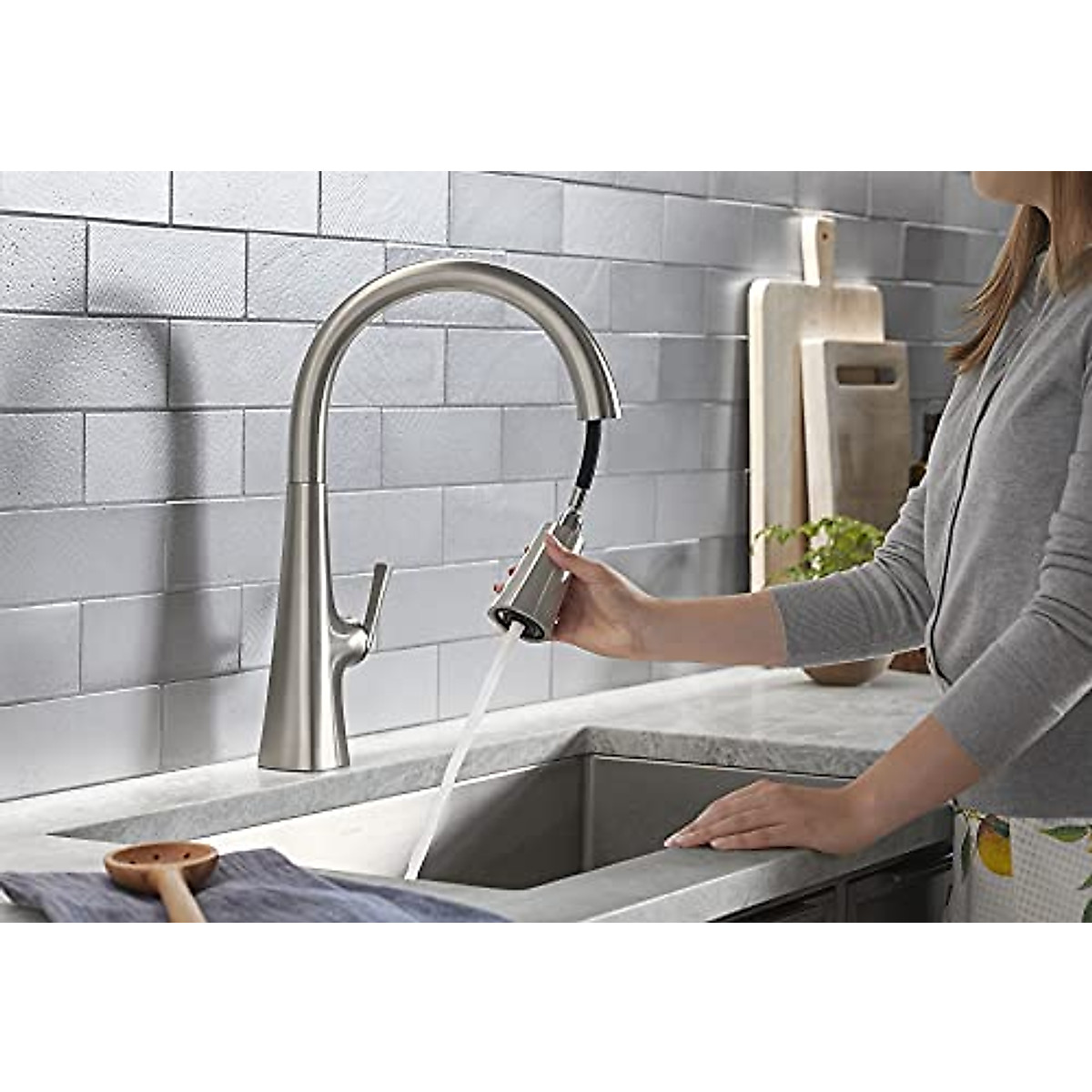 KOHLER 22062-VS Graze Pull-Down Kitchen Sink Faucet with Three-Function Sprayhead, Kitchen Faucet with Sprayer, Vibrant Stainless