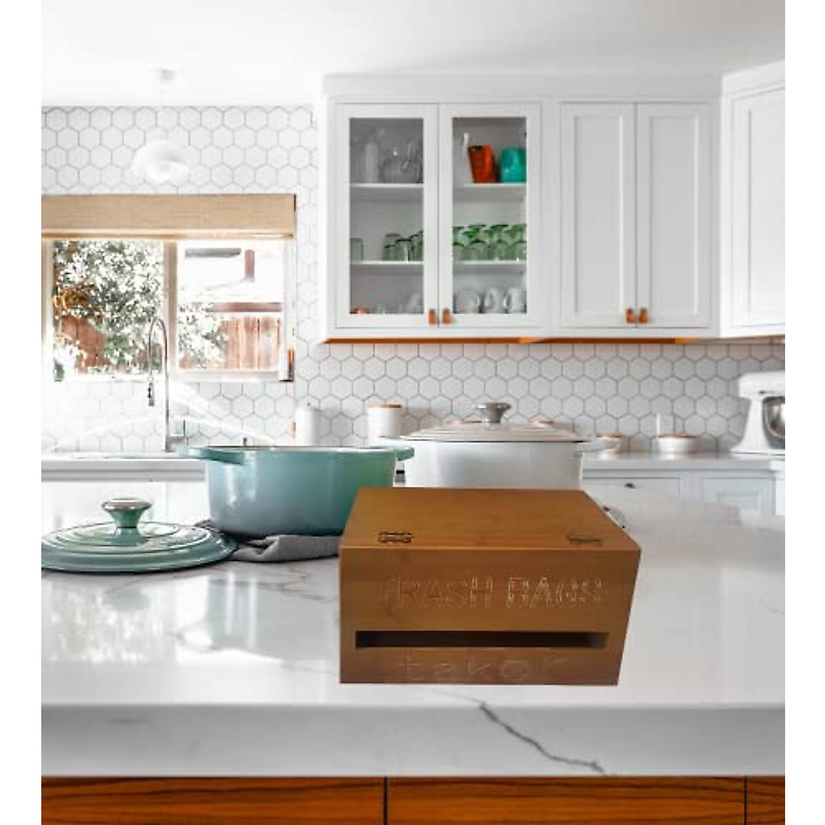 Takor Bamboo Trash Bag Organizer, Wall Mounted Bag Holder for Garbage Bag, Plastic Bag, Grocery Bag, Compatible with Various Trash Bag Rolls, Trash Bag Dispenser for Home and Kitchen