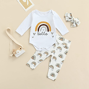 Newborn Baby Girl Rainbow Outfit Long Sleeve Romper Top + Rainbow Pants+ Headband 3Pcs Infant Fall Winter Clothes (White, 6-12 Months)