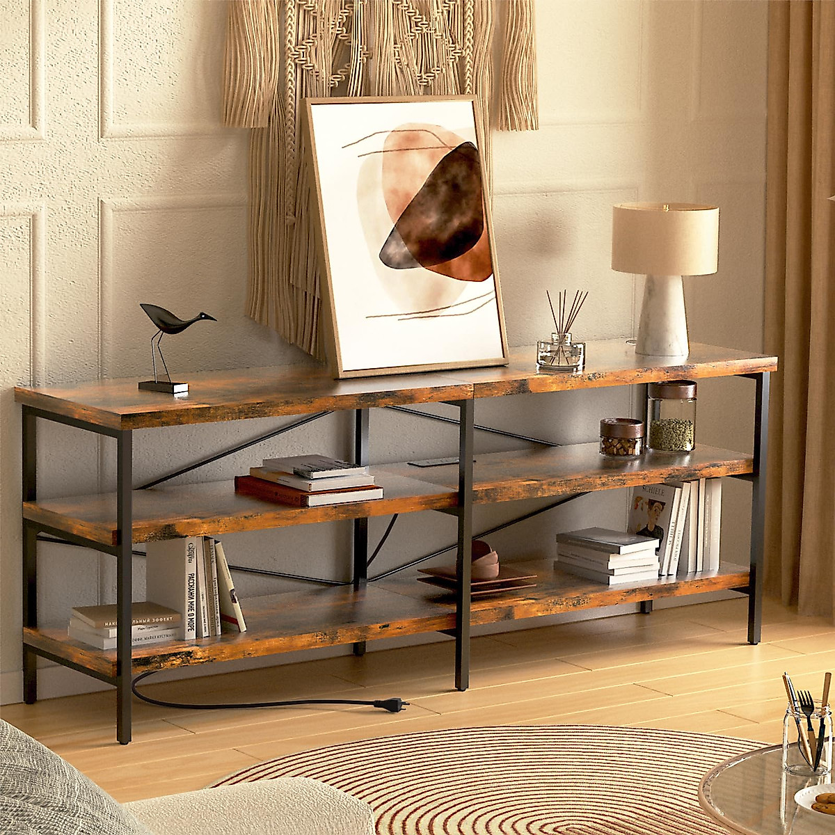 VOWNER TV Stand with Power Outlets up to 70 Inches, 63'' Entertainment Center for Living Room, TV Console Table with Open Storage Shelves, Rustic Brown