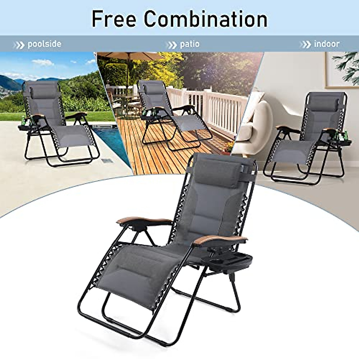 PHI VILLA Oversize XL Padded Zero Gravity Lounge Chair Family Lovers Pack with Wide Armrest Foldable Recliner, Set of 2, Support 400 LBS (Light Grey)