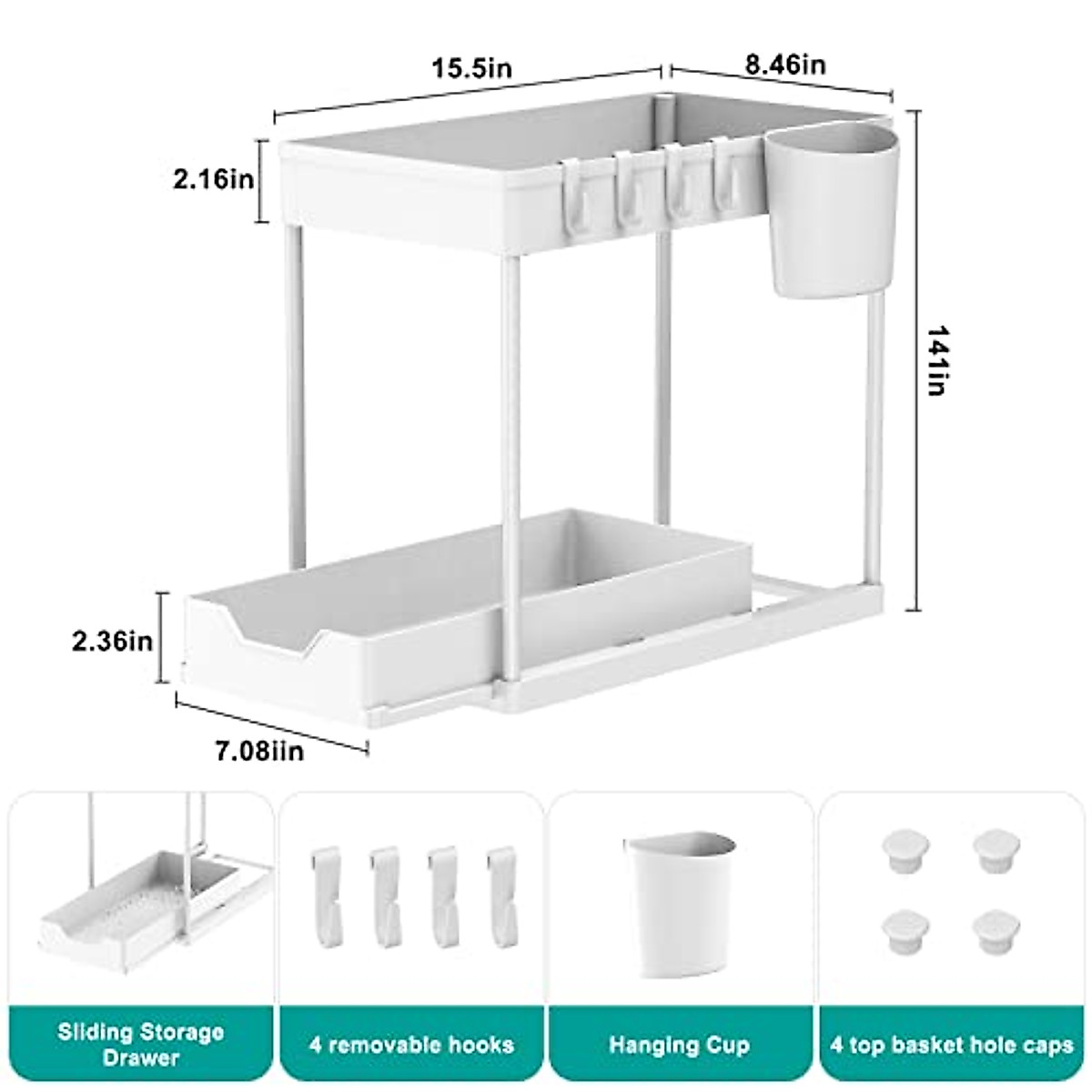 Teencci 2 Pack Under Sliding Sink Organizers & Storage,2 Tier Sliding Organizer Under Sink,Multipurpose Under Kitchen Sink Organizers & Storage w/ 8 Hooks & 2 Hanging Cups,White 2 pack (ST86W)