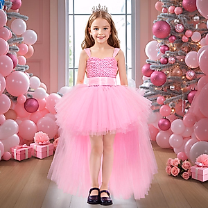 Pink Christmas Tutu Dress for Girls Tulle Dresses Fairy Princess Dress up for Kids Toddler Little Girl Birthday Party Outfit Size 5-6