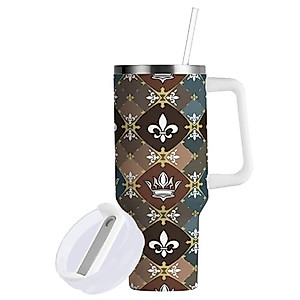 RPLIFE Ornate Crowns and Fleur De 40 Oz Tumbler with Handle and Straw, Stainless Steel Tumbler with Straw, Coffee Tumbler