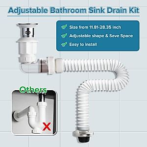 JEAPHA 2 in 1 Bathroom Sink Drain Kit with Flexible & Expandable P-trap pipe for bathroom sinks, Pop Up Drain for 1-1/2'' Drain Hole Extension Hose Tail Pipe, Fits Overflow or No Overflow Vessel Sink