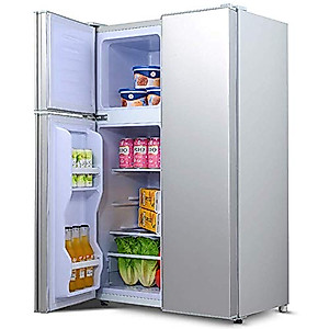 JLFTF Double Door Mini Fridge with Freezer Portable Fridge & Warmer, Mini Refrigerator Dorm, Office, Apartment with Adjustable Removable Glass Shelves