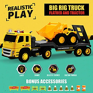 MOBIUS Toys Flatbed Truck with Excavator Tractor Toy - 1:12 Scale, Push and Go Construction Vehicle Playset, Lights & Sounds for Kids, Toddlers, Boys, & Girls Ages 3 4 5 Years Old