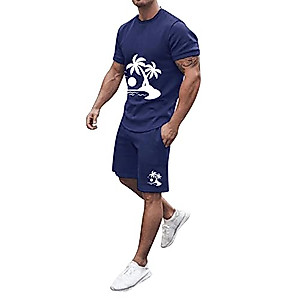 EELHOE Men Cool Tshirts For Men Mens Mens 2 Piece Outfits Summer Lightweight Classic-Fit Short Sleeve Shirts and Printed Shorts Breathable Sportswear And Me Outfits 70s Outfits Bride