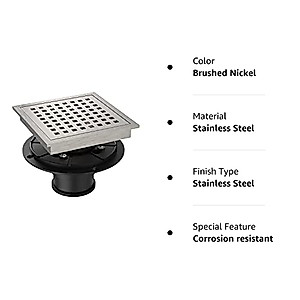 6 Inch Square Shower Floor Drain, Brushed Nickel High Flow Shower Drain Kit with Flange, Removable Grid Cover and Hair Filter, Food-Grade SUS 304 Stainless Steel, CUPC Certified(Brushed Nickel)