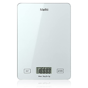 Kitchen Scale, Mafiti Digital Kitchen Scales 11lb/5kgX1g, Multifunction Measures in Kg, g, lb and OZ Digital Kitchen Weight for Food, Cooking and Baking，LCD Display（Silver）