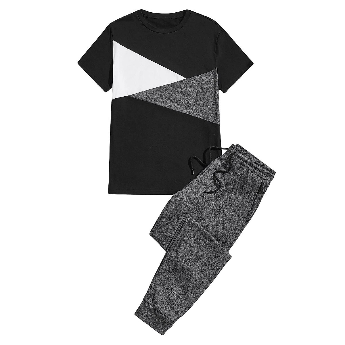 OYOANGLE Men's 2 Piece Outfits Short Sleeve T Shirt and Sweatpants Lounge Set Sleepwear Tracksuit Black Grey M