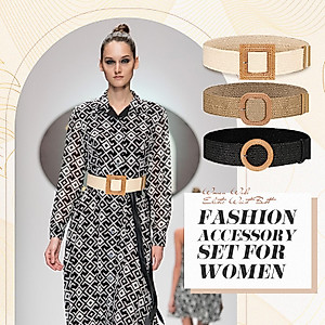 Syhood 3 Pieces Straw Woven Elastic Waist Belt for Women Bohemian Dress Braided Belt (Black, Khaki, Beige, Fit Waist Size Below 31'')