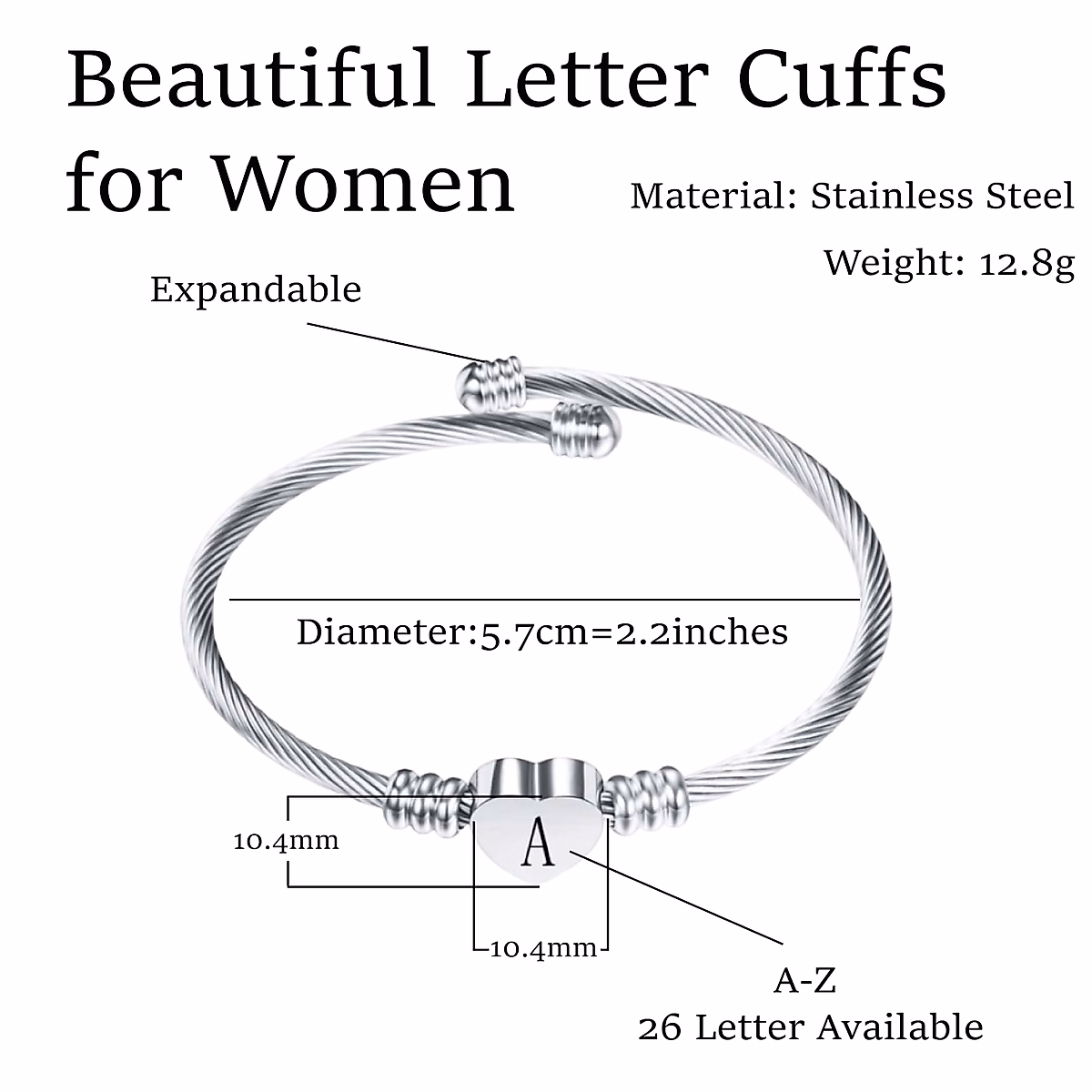 MiniJewelry Initial C Silver Heart Bangle Cuff Bracelet for Women Alphabet Letter Name Stainless Steel
