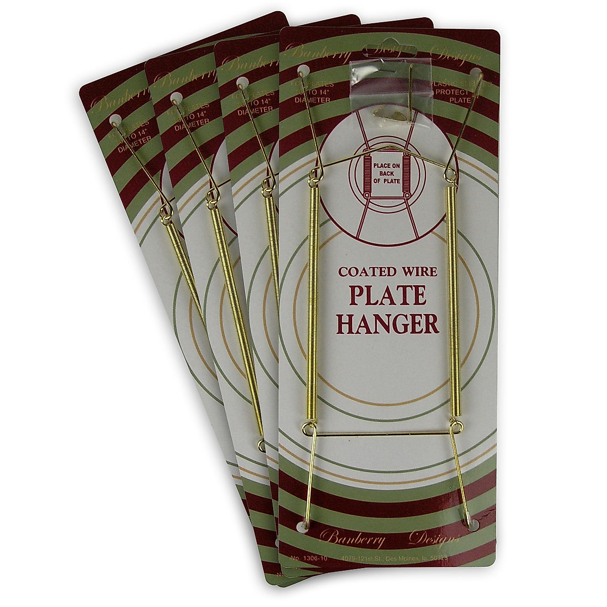 BANBERRY DESIGNS Brass Vinyl Coated Plate Hanger 10 to 14 Inch Pack of 4 Hangers - Plate Hangers for The Wall