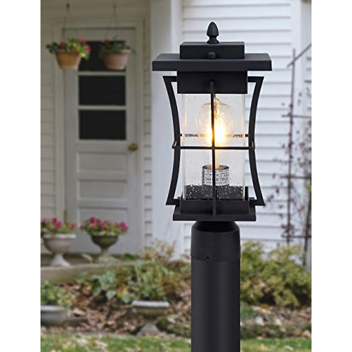 EERU Waterproof Outdoor Post Light Fixture Pole Mount Light with Pier Mount Adapter, Black Finish with Seeded Glass Outdoor Post Lantern for Patio, Garden, Porch and Backyard