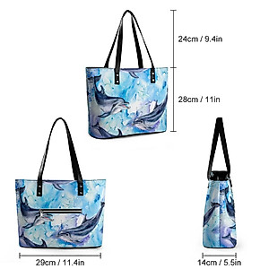 Womens Handbag Dolphins Blue Leather Tote Bag Top Handle Satchel Bags For Lady