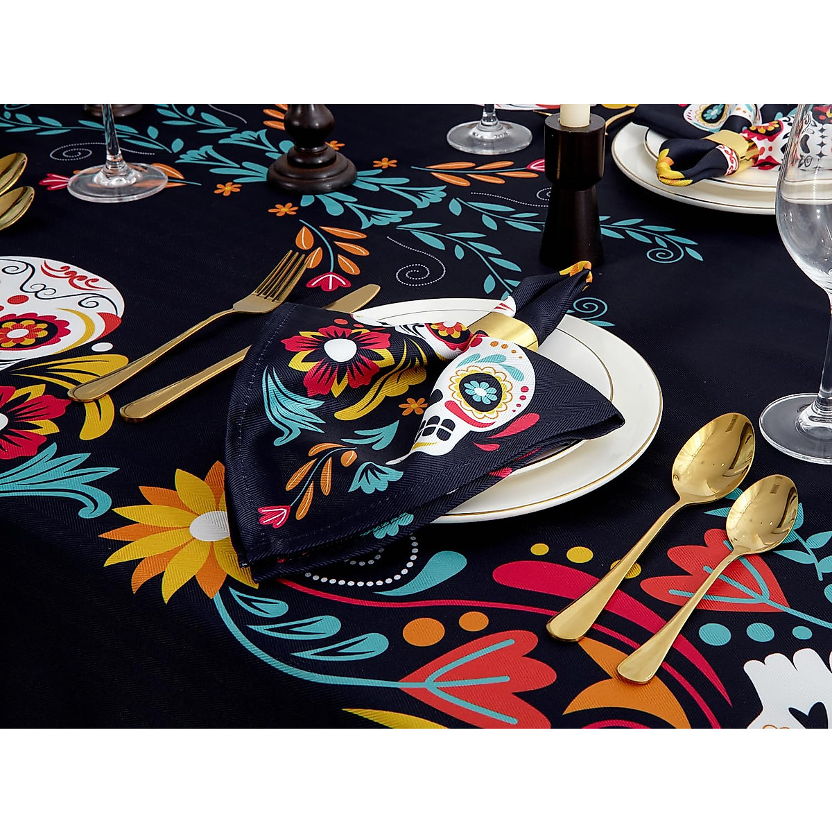YiHomer Day of The Dead Halloween Tabletop - Dia De Los Muertos Floral Skeleton Mask, Cinco De Mayo Mexican Fiesta Party Home Kitchen Dining Room Decor, Sugar Skull, Tablecloth, 52 x 52 Square