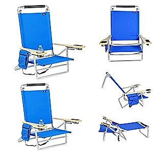 Deluxe 5 Reclining Positions Lay Flat Beach Chair for Adults with Drink Holder, Aluminum Lightweight Folding for Low Sand Chairs, 250 lb Load Capacity