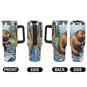 LLUTSNTH 40 Oz Vacuum Tumbler with Black Handle Leakproof Insulated Tumbler Busy Beaver Cartoon Stainless Steel Travel Mug with Lid And Straw Coffee Cup Cute Water Bottles Cup Holder Friendly
