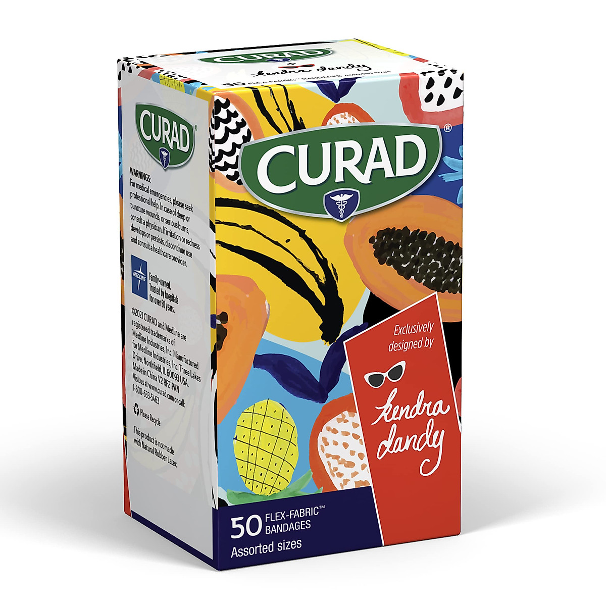 Curad Kendra Dandy Designer Adhesive Fabric Bandages (50 Count Variety Pack), 4 Colorful Patterns, 35 count Standard Bandages & 15 count XL Bandages