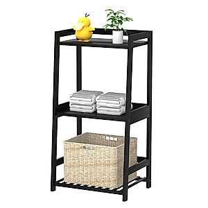 ADREMAN Bathroom Shelf, 3 Tier Ladder Shelf Bamboo Nightstand Open Shelving, Bathroom Storage Organizers Bookshelf Bookcase for Living Room, Bedroom, Bathroom (Black, Without Drawers)