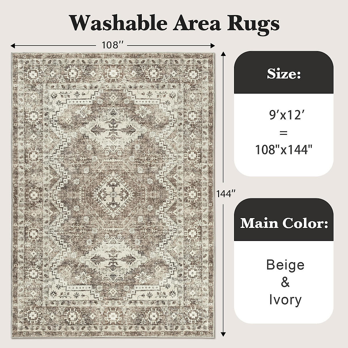 Rugland Area Rug - Stain Resistant Washable Rug, Anti Slip Backing Rugs for Living Room, Vintage Tribal Area Rugs (TPR07-Ivory, 9'x12')