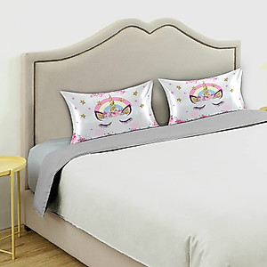 Dalzium Cute Unicorn Girl Print Satin Pillowcase for Hair and Skin, Unicorn and Pink Flowers Silk Pillow Case with Envelope Closure, Standard Size 20x26 inches, White, 1 PC
