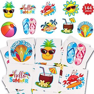 Patelai 144 Pieces Kids Summer Party Tattoos Beach Hawaiian Luau Themed Waterproof Temporary Tattoos, 9 Styles