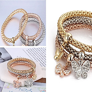 Corn Chain Bracelet, Crystal Multilayer Charms Stretch Bracelet, Butterfly Bracelet, 3PCS Gold/Silver/Rose Gold Corn Chain Bracelet for Women