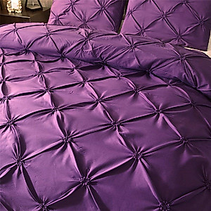 Feelyou Pintuck Duvet Cover Set King Size Purple Pinch Pleat Duvet Cover Tufted Design Bedding Set Zipper Soft Polyester Comforter Cover with 2 Pilllow Shams, Solid Geometric 3 Pieces