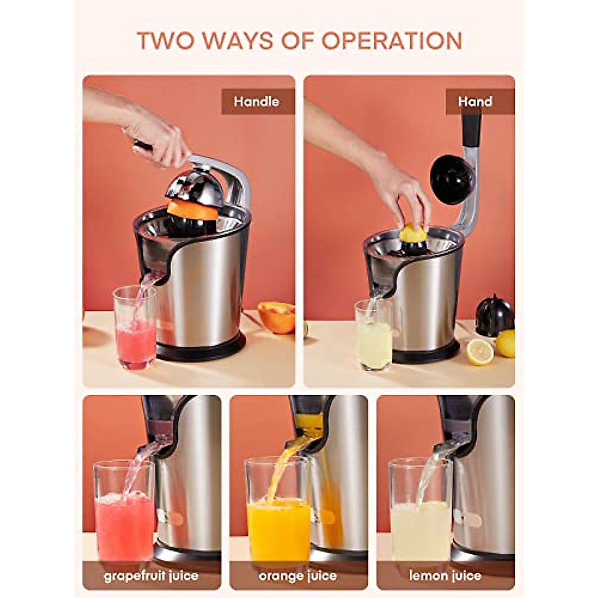 FOHERE Citrus Juicer Electric Orange Juicer with Humanized Handle and Two Size Cones for Grapefruits, Orange and Lemon, Powerful 160W Silent Motor Stainless Steel BPA-Free, Silver