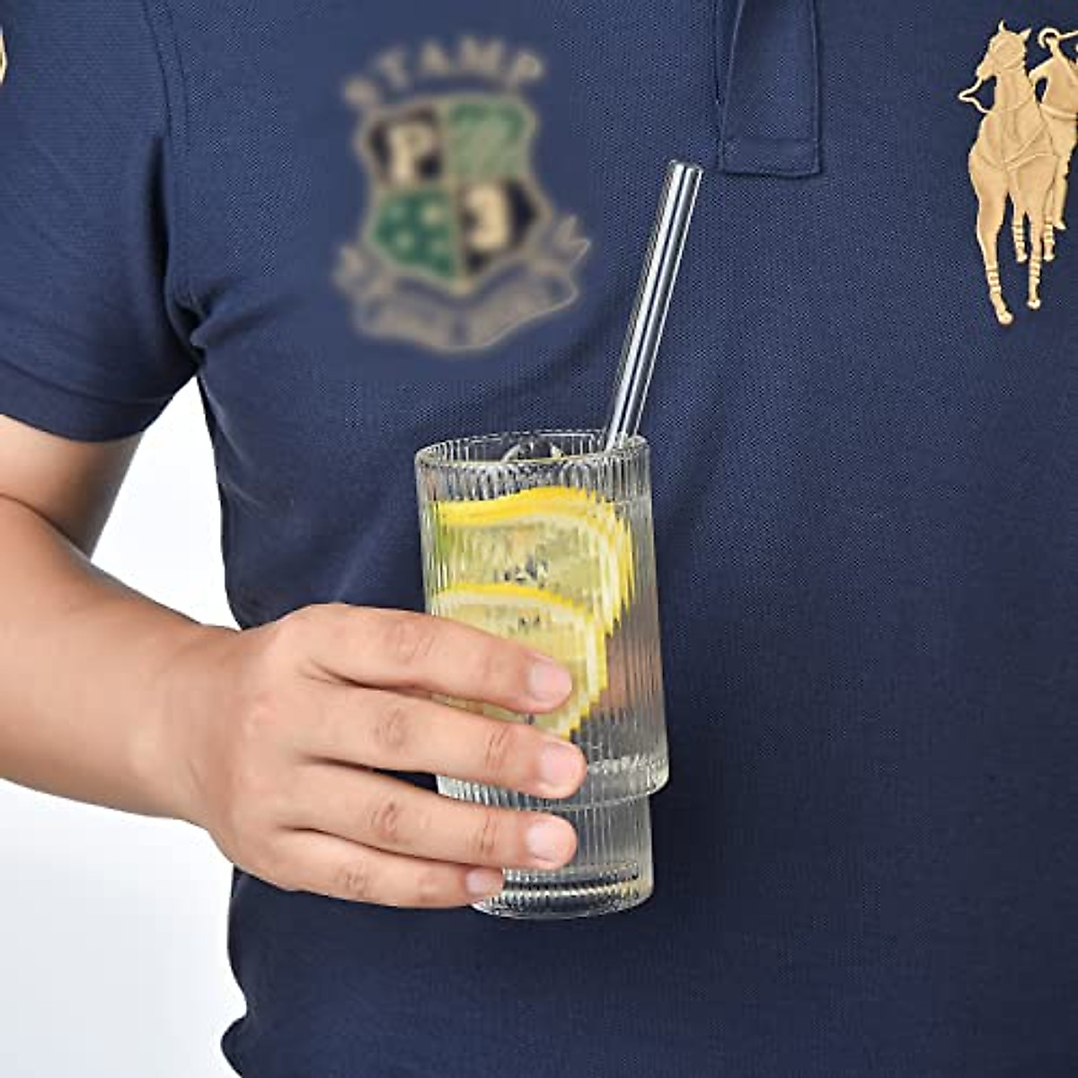 ALINK Ribbed Glassware Drinking Glasses with Straws Set of 4, Vintage Fluted Glassware Iced Coffee Cups, Origami Style Ridged Glass Tumbler for Coocktail, Whiskey, Beer, Water- 2 Cleaning Brush