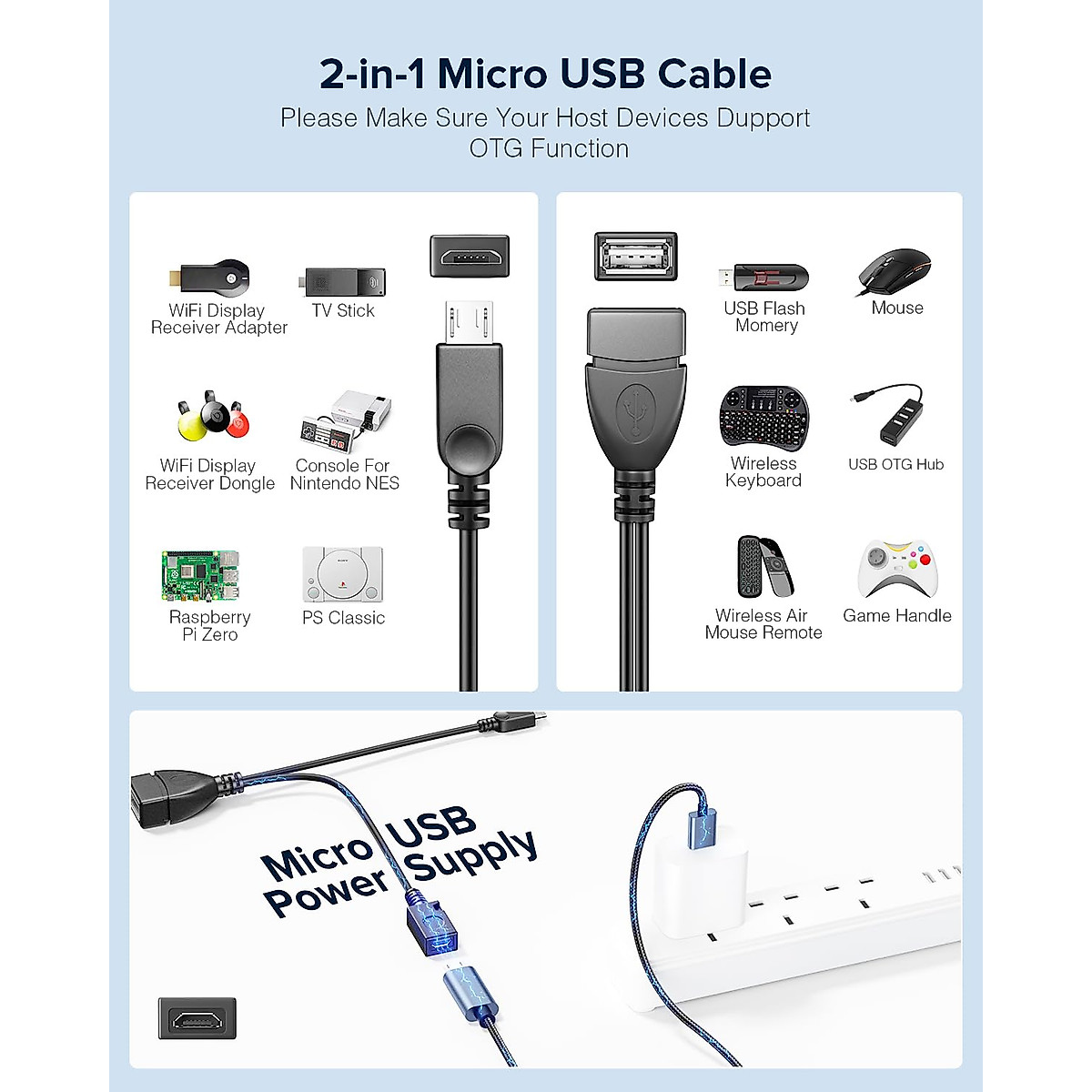 ANDTOBO 2-in-1 Micro USB (OTG Cable with Power) Adapter Replacement for Fire Stick 4K /Host Devices/PlayStation Classic etc- 2 Pack