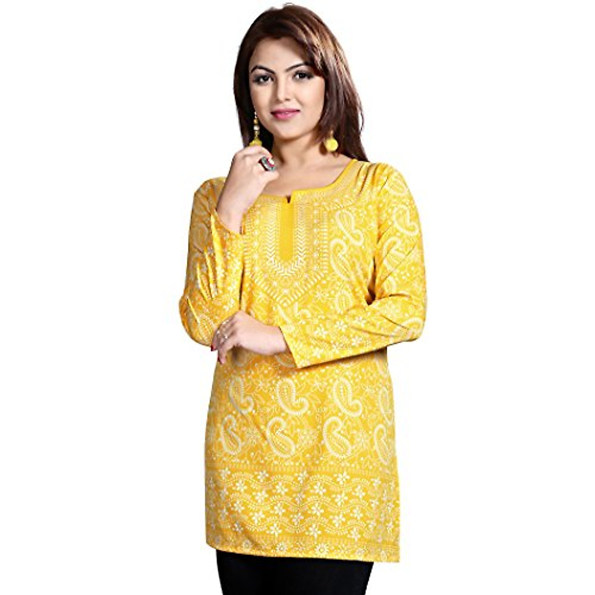 Maple Clothing Indian Kurti Top Tunic Printed Women's India Clothes (Yellow, 5XL)