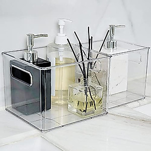 elabo Set of 4 Kitchen Organization Pantry Storage Bins, Refrigerator Organizer Bins, Food Storage Organizer Bins with Handle for Kitchen Cabinet, Freezer, Fridge, Countertop, Clear Plastic BPA Free