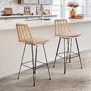 IDZO Rattan Bar Stools Set of 2, 42-Inch Tall with 400lbs Weight Endurance, Featuring a Steel Frame and Comfort Cushions, ideally Crafted as bar stools for Kitchen Island setups