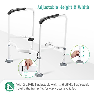 Hybodies Toilet Safety Rails for Elderly, Heavy Duty Toilet Safety Frame with Handles, Adjustable Height & Width, Toilet Assist Grab Bar with Anti-Slip Mat, Up to 350 Lbs, Fits for Any Toilets