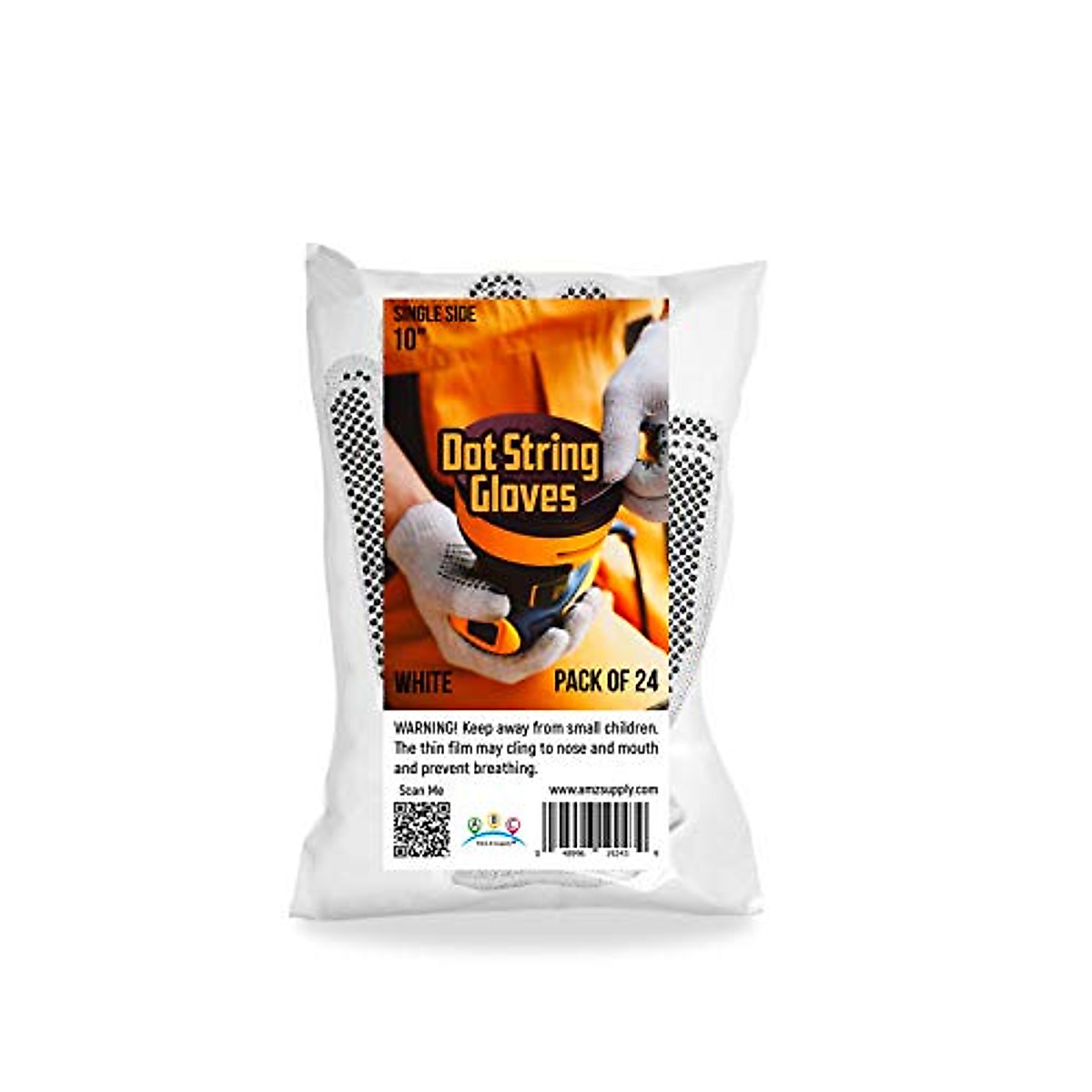 ABC String Knit Gloves with Grip Dots 10'', Pack of 24 White Work Cotton Gloves with Polyester Materials, Reusable PVC Dotted Working Gloves, Safety Work Gloves for Industrial Work