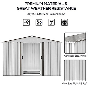 Outsunny 9' x 6' Metal Storage Shed, Garden Tool House with Floor Foundation, Double Sliding Doors, 4 Air Vents for Backyard, Patio, Lawn, Silver